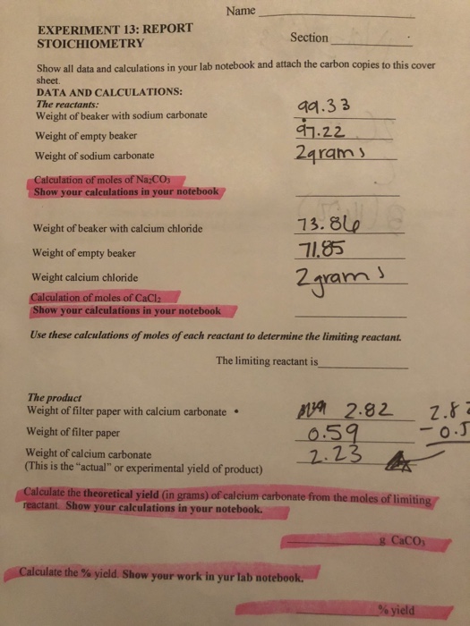 Solved Name EXPERIMENT 13:REPORT STOICHIOMETRY Section Show | Chegg.com