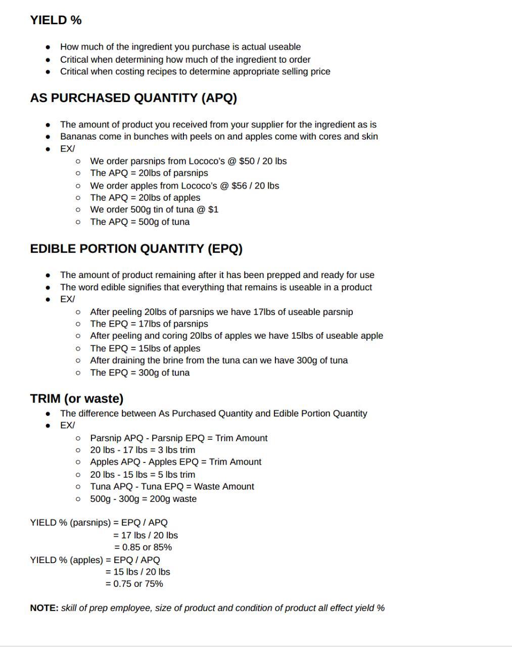 YIELD % How much of the ingredient you purchase is | Chegg.com