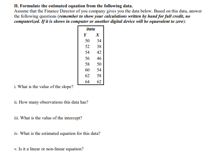 Solved II. Formulate the estimated equation from the | Chegg.com