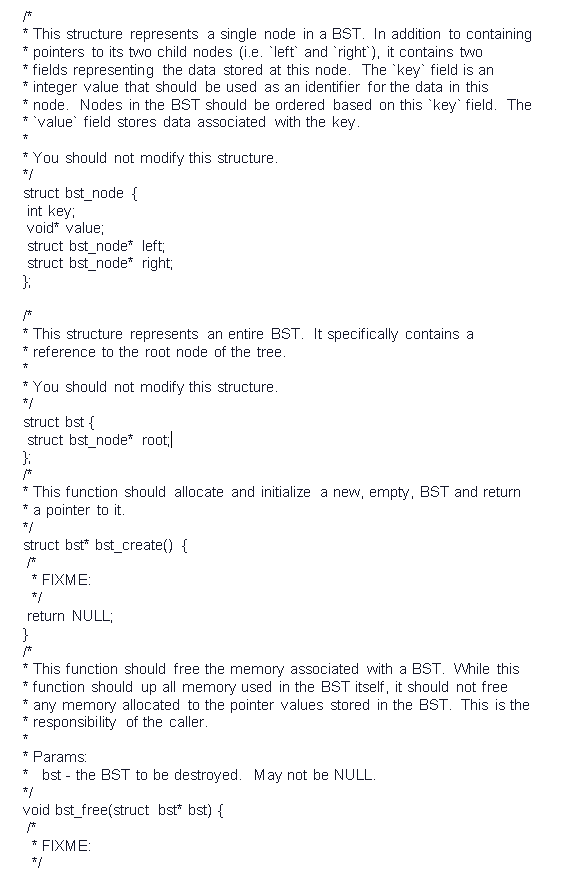 Please help me with the FIXME portions of bst.c. | Chegg.com
