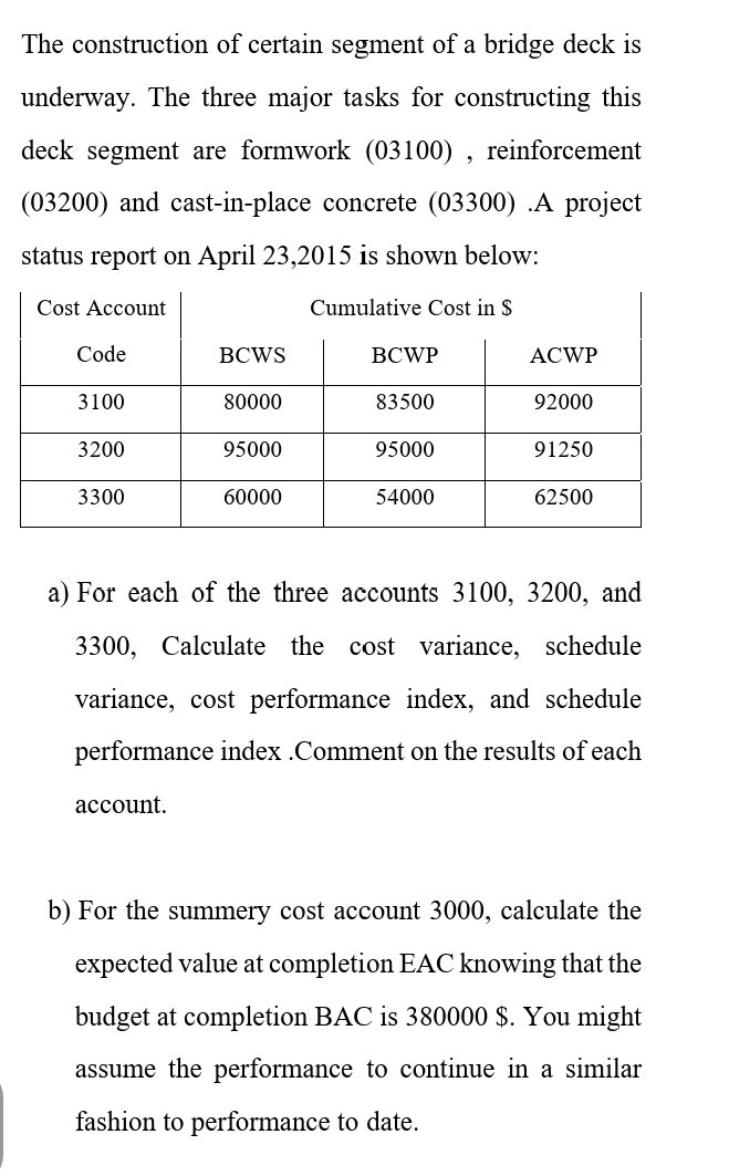 Solved The construction of certain segment of a bridge deck | Chegg.com