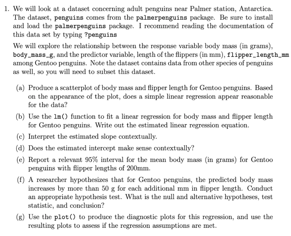Solved We will look at a dataset concerning adult penguins | Chegg.com