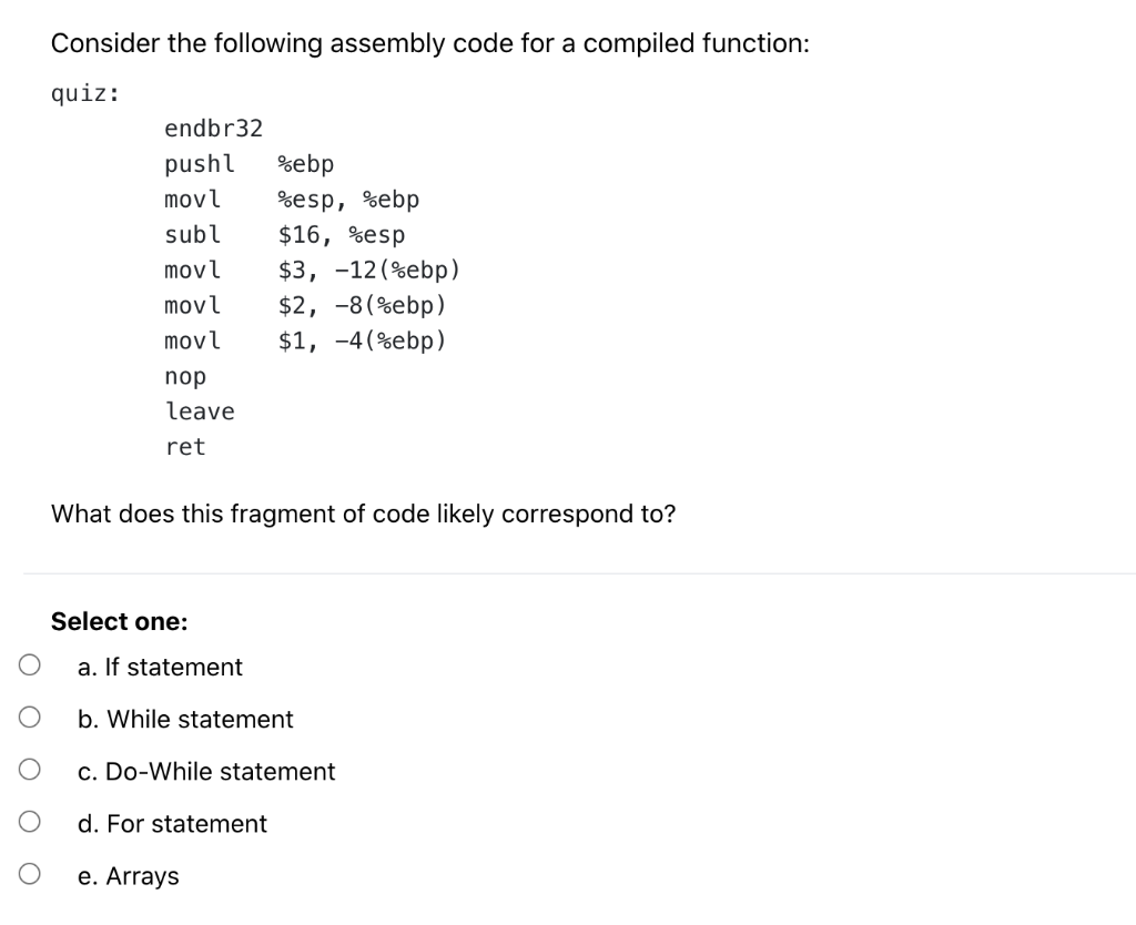Solved Consider the following assembly code for a compiled | Chegg.com
