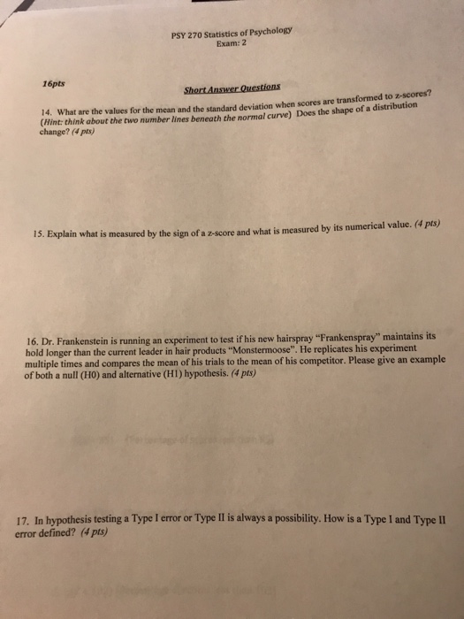 Solved PSY 270 Statistics of Psychology Exam: 2 16pts Short | Chegg.com