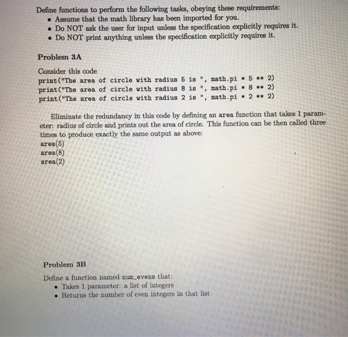 Solved Define functions to perform the following tasks, | Chegg.com
