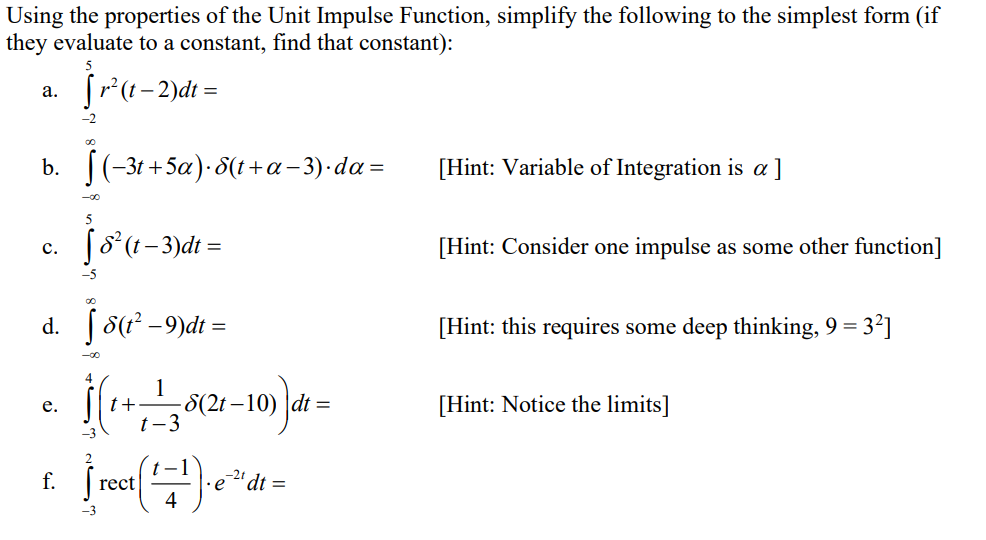 Solved Using the properties of the Unit Impulse Function, | Chegg.com