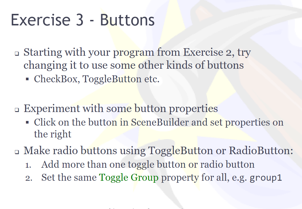 Solved Exercise 3- Buttons Starting with your program from | Chegg.com