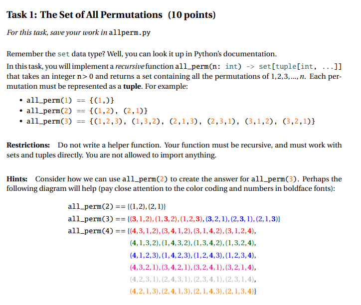 Solved Task 1: The Set of All Permutations (10 points) For | Chegg.com