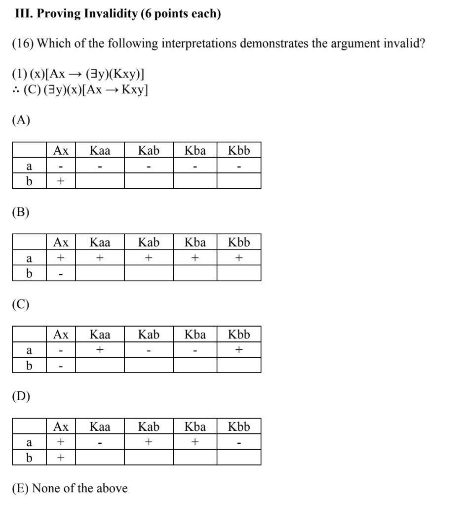 Solved III. Proving Invalidity (6 points each) (16) Which of | Chegg.com