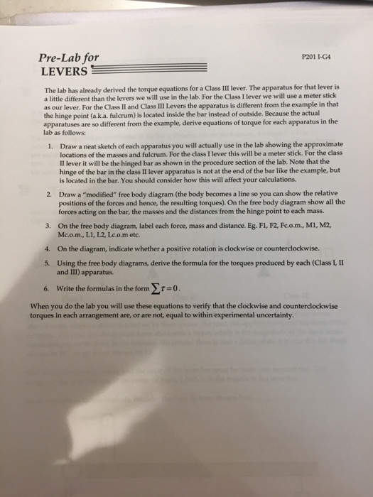 Solved Pre-Lab for P201 1-G4 LEVERS The lab has already | Chegg.com