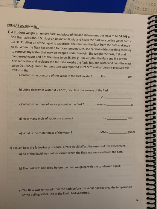 Solved PRE-LAB ASSIGNMENT 1) A student weighs an empty flask | Chegg.com
