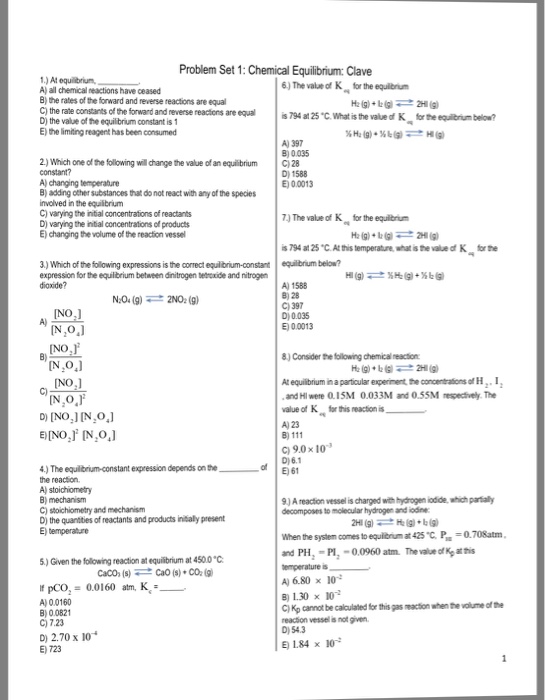 Solved Problem Set 1: Chemical Equilibrium: Clave A) al | Chegg.com