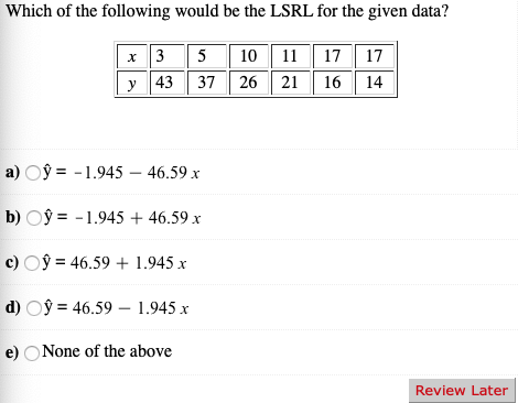 Solved Which of the following would be the LSRL for the | Chegg.com