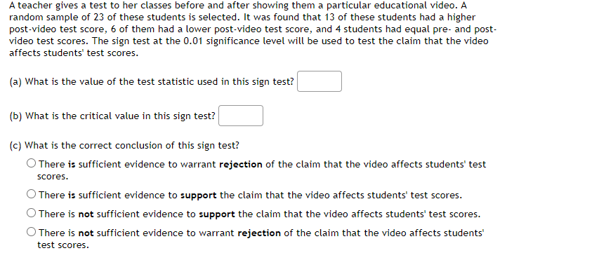 Solved A teacher gives a test to her classes before and | Chegg.com