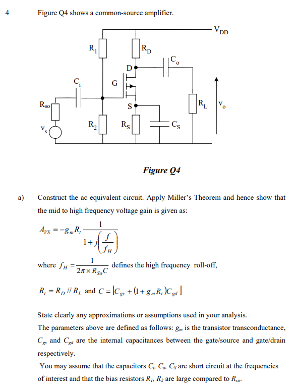 Solved 4 Figure Q4 shows a common-source amplifier R211 Rs | Chegg.com