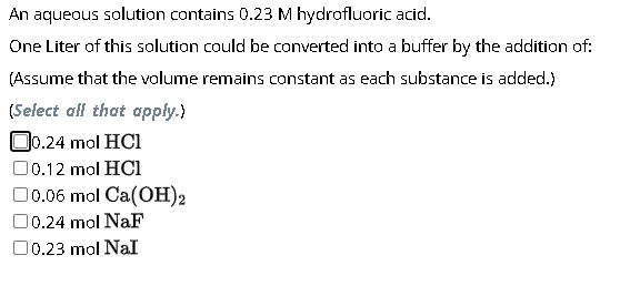Solved An aqueous solution contains 0.23 ﻿M hydrofluoric | Chegg.com