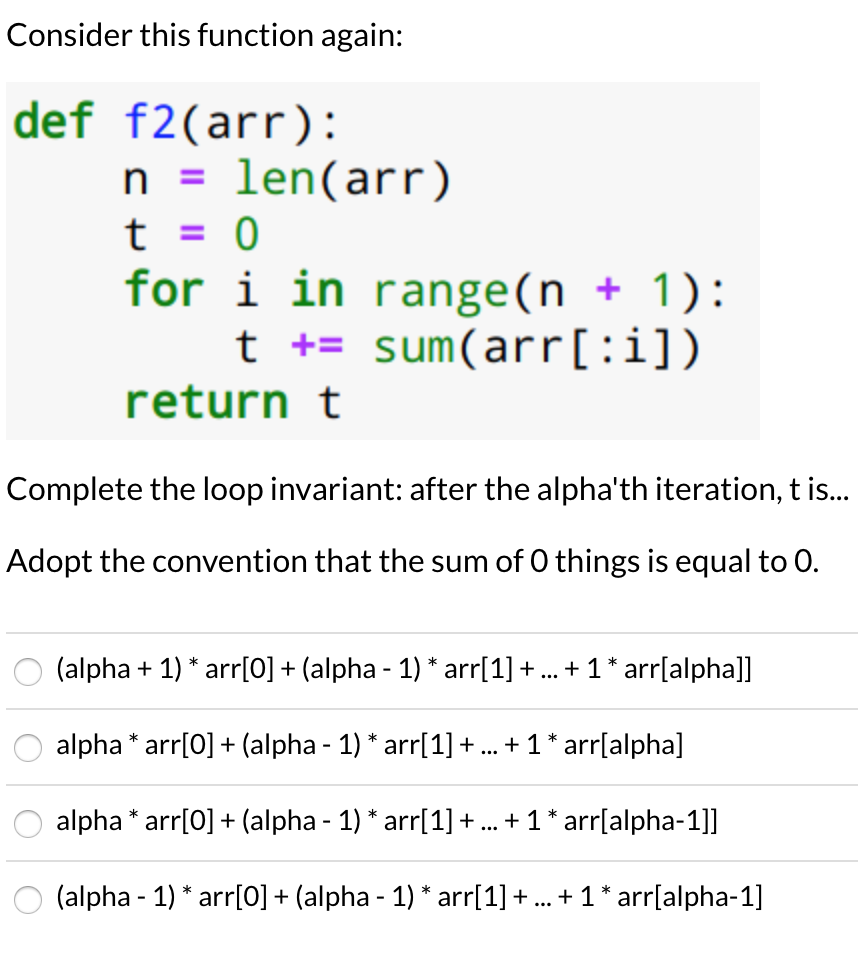 Solved Consider this function again: def f2(arr): n = | Chegg.com