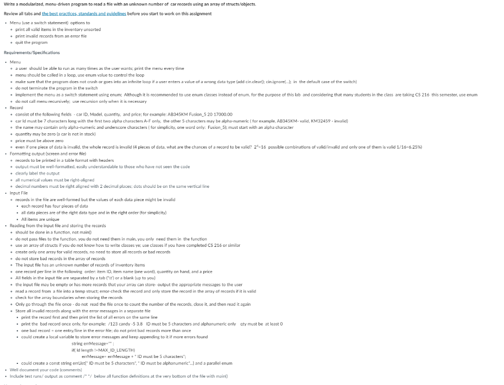 Solved Write a modularized, menu-driven program to read a | Chegg.com