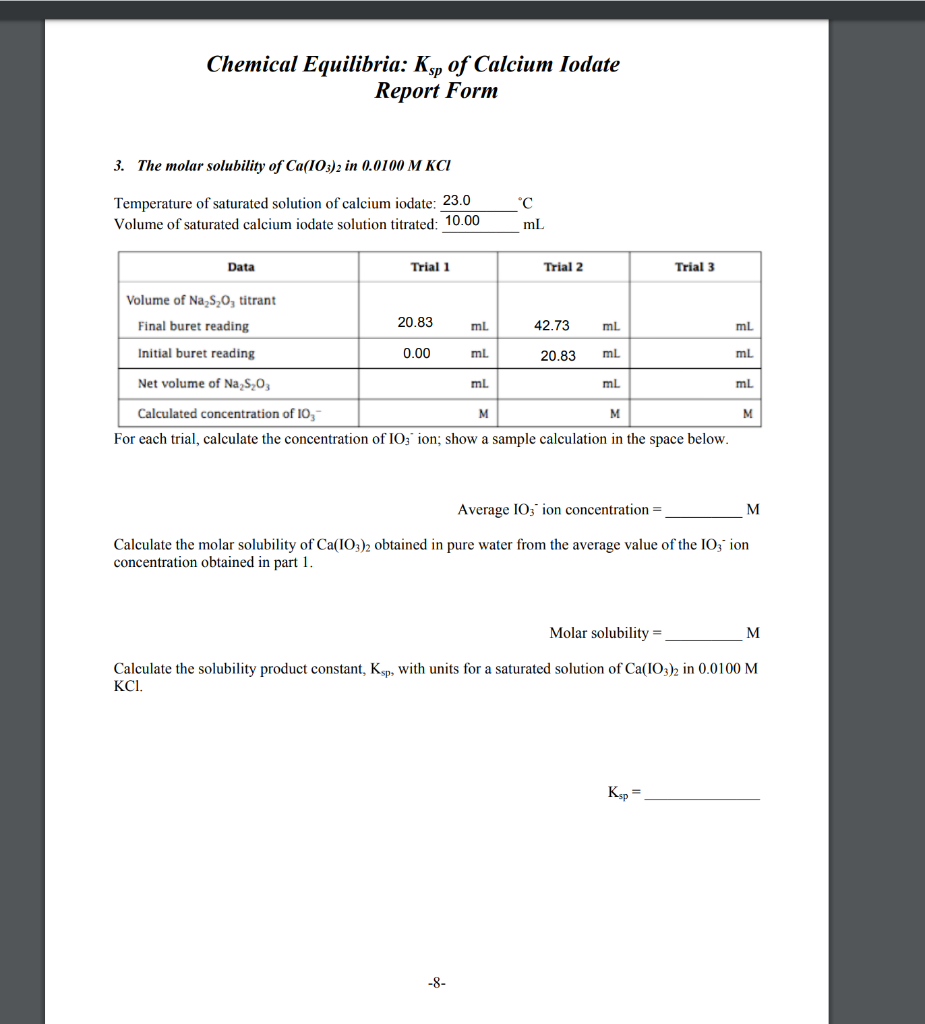 Chemical Equilibria: Ksp of Calcium Iodate Report | Chegg.com