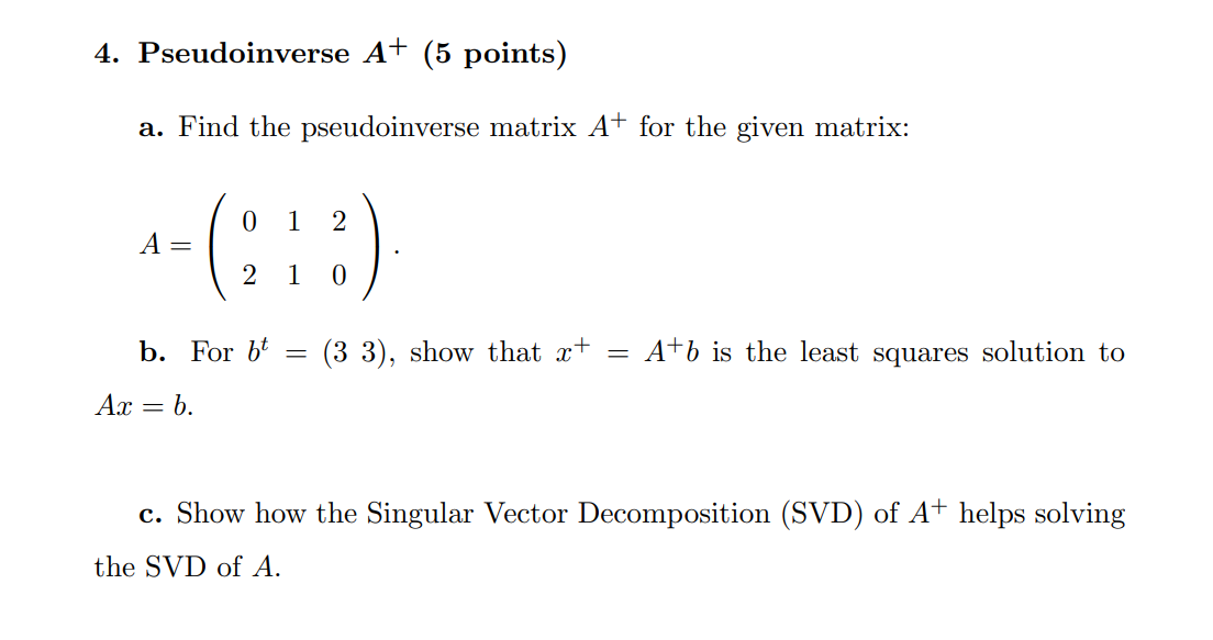 Solved 4. Pseudoinverse A+ (5 points) a. Find the | Chegg.com