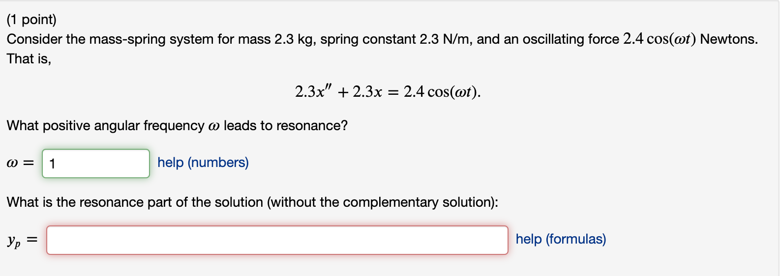 Solved (1 point) Consider the mass-spring system for mass | Chegg.com