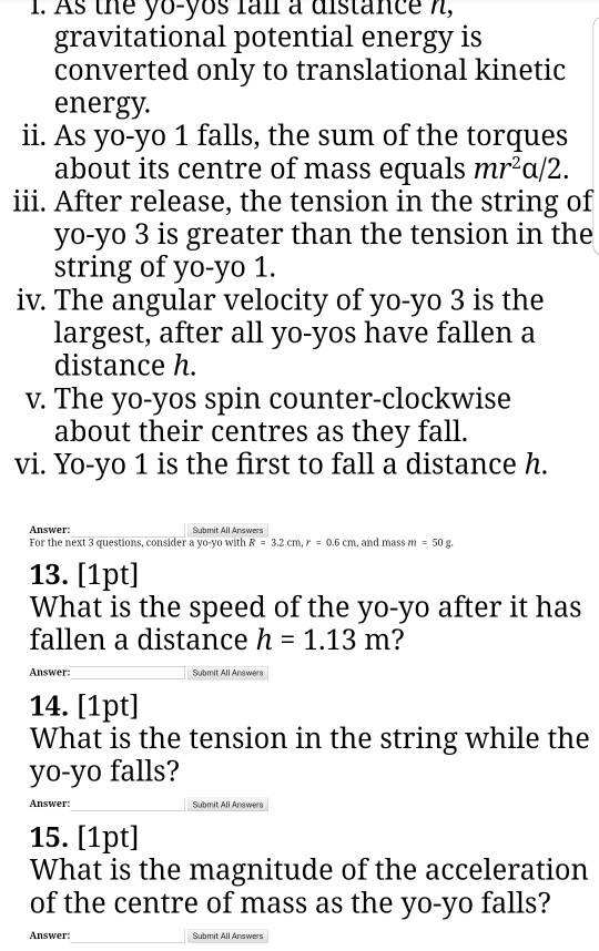 Solved 12. [1pt] Three yo-yos (labelled 1, 2, and 3 in the | Chegg.com