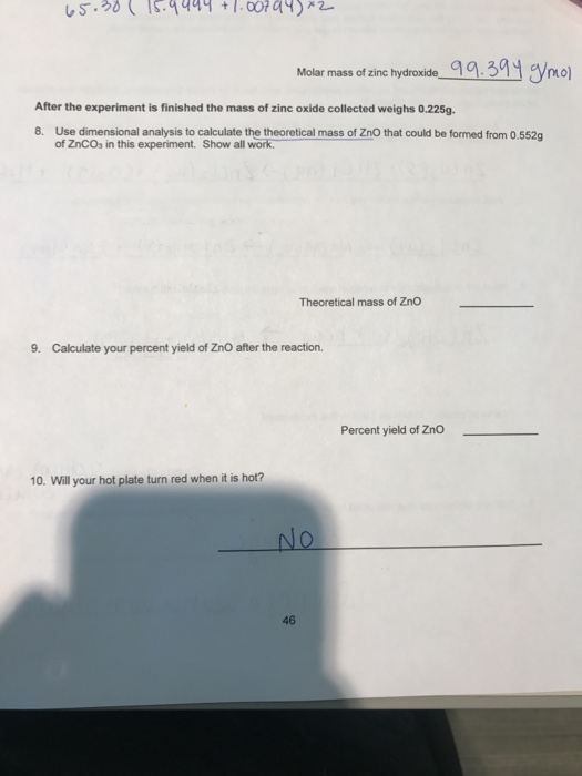 Solved Molar mass of zinc hydroxide mo) After the experiment | Chegg.com