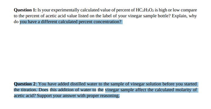 Solved Percent (m/v of HC2H3O2 is 9.47% Listed on the bottle | Chegg.com