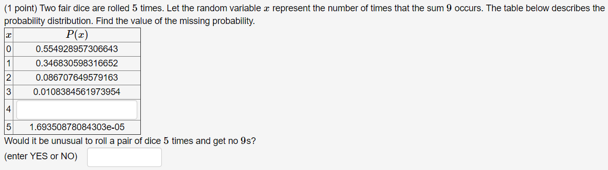 Solved (1 point) Two fair dice are rolled 5 times. Let the | Chegg.com