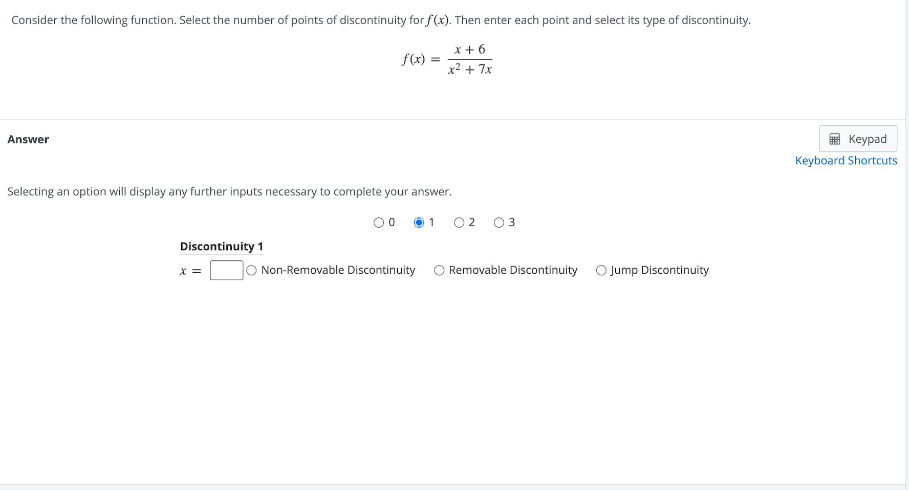 Solved f(x)=x2+7xx+6 Answer Selecting an option will display | Chegg.com