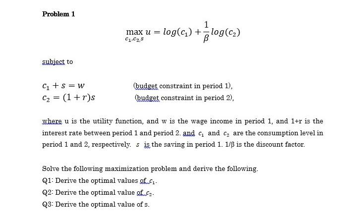 Solved Problem 1 1 max u = log(c) + log(cz) C1,C2, B + | Chegg.com