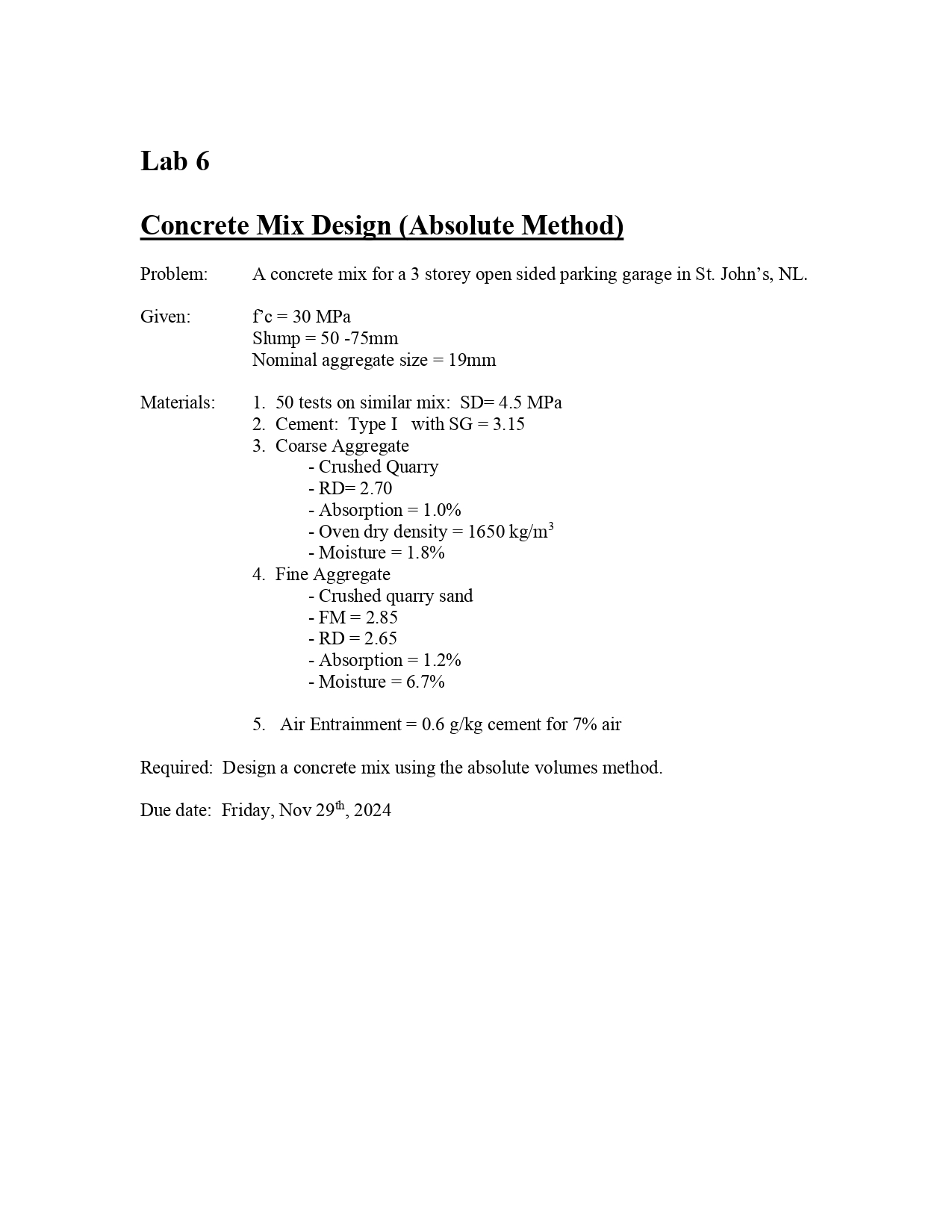 Solved Lab 6Concrete Mix Design (Absolute ﻿Method)Problem: A | Chegg.com