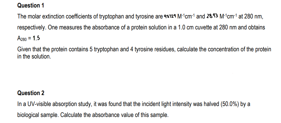 Solved The molar extinction coefficients of tryptophan and | Chegg.com