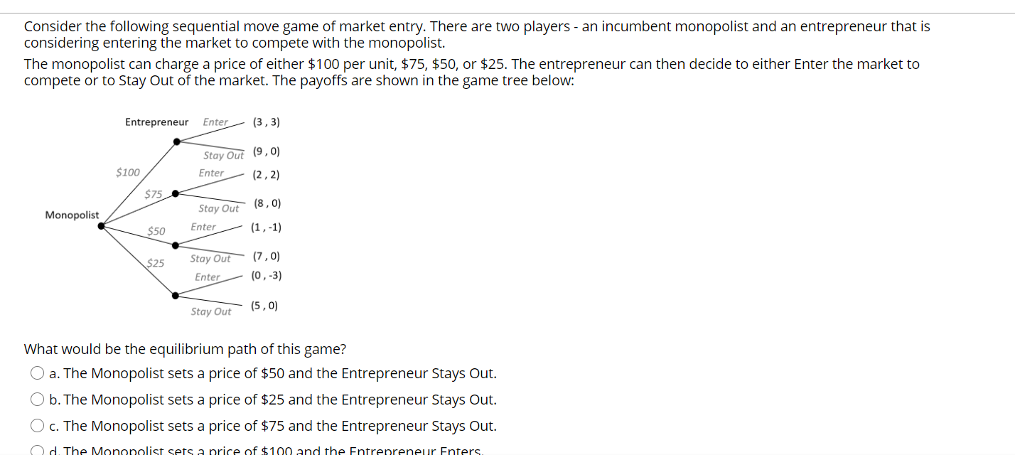 Solved Consider the following sequential move game of market | Chegg.com