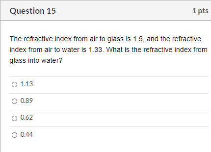 Solved Question 15 1 pts The refractive index from air to | Chegg.com