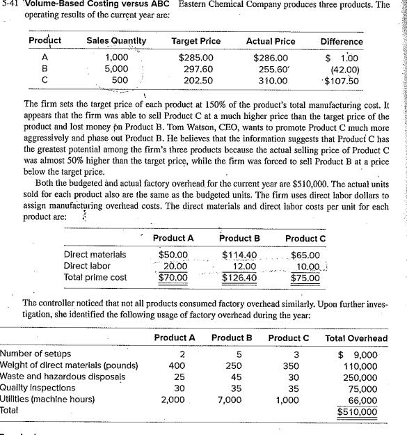 Solved 5-41 Volume-Based Costing versus ABC Eastern Chemical | Chegg.com