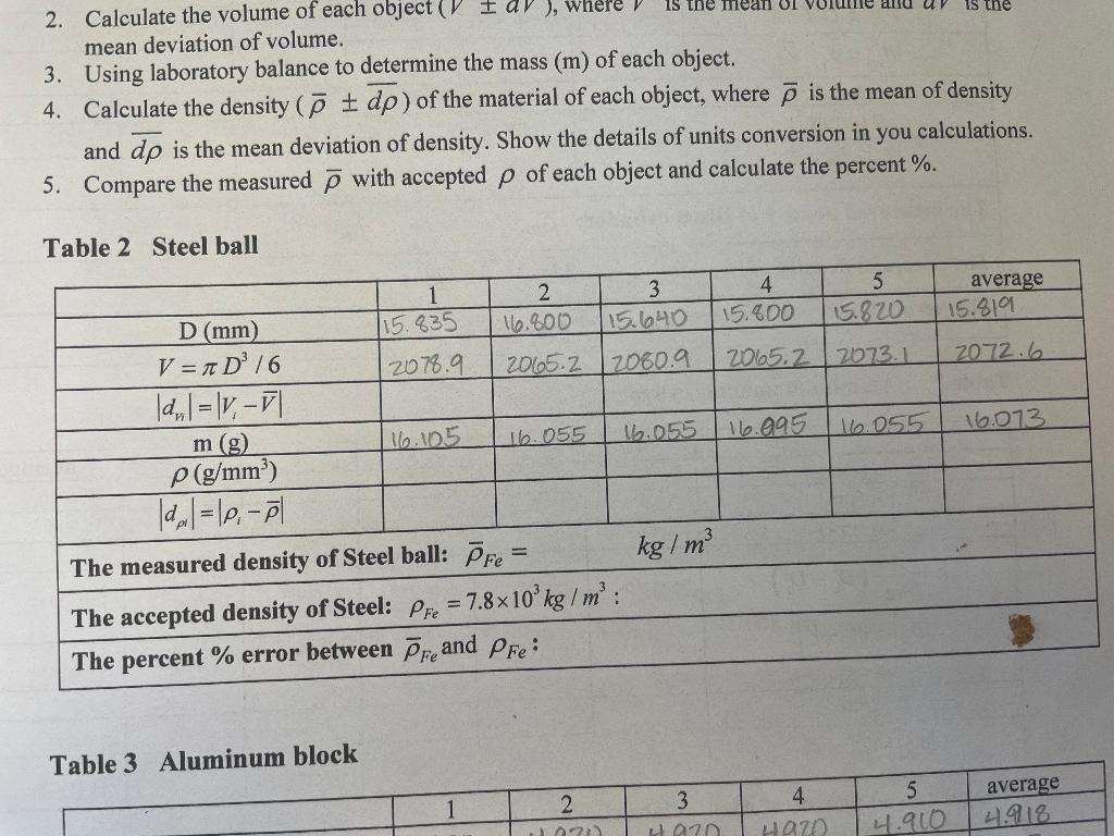 2. Calculate the volume of each object ( V±aV), where | Chegg.com