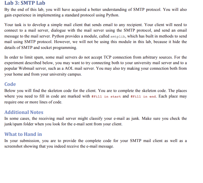 Solved Lab 3: SMTP Lab By the end of this lab, you will have | Chegg.com
