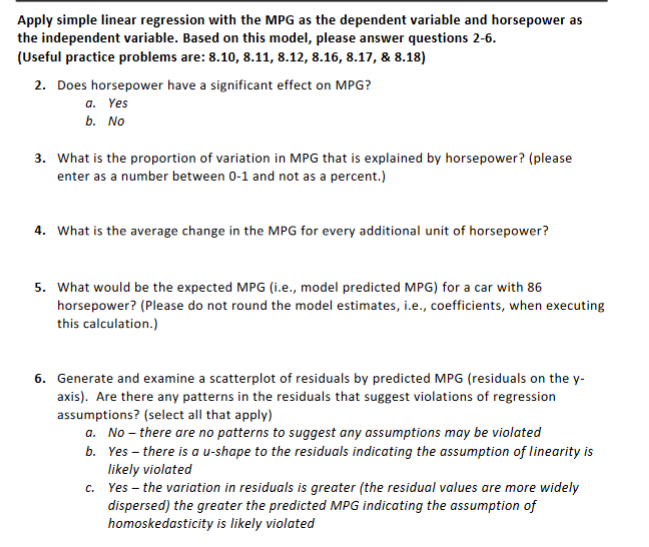 Solved Apply simple linear regression with the MPG as the | Chegg.com