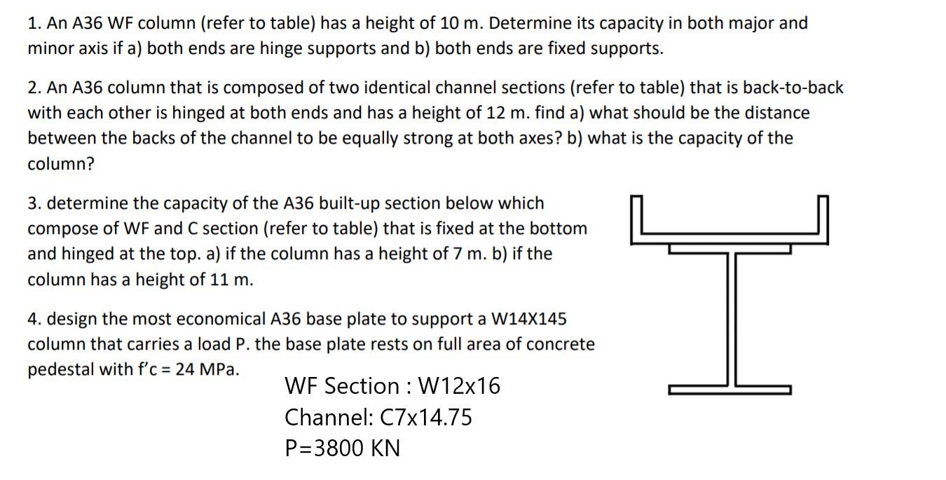 1. An A36 WF column (refer to table) has a height of | Chegg.com