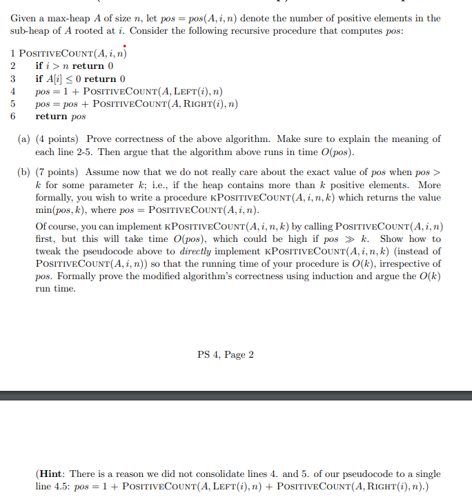 Solved Given a max-heap A of size n, let pos=pos(A,i,n) | Chegg.com