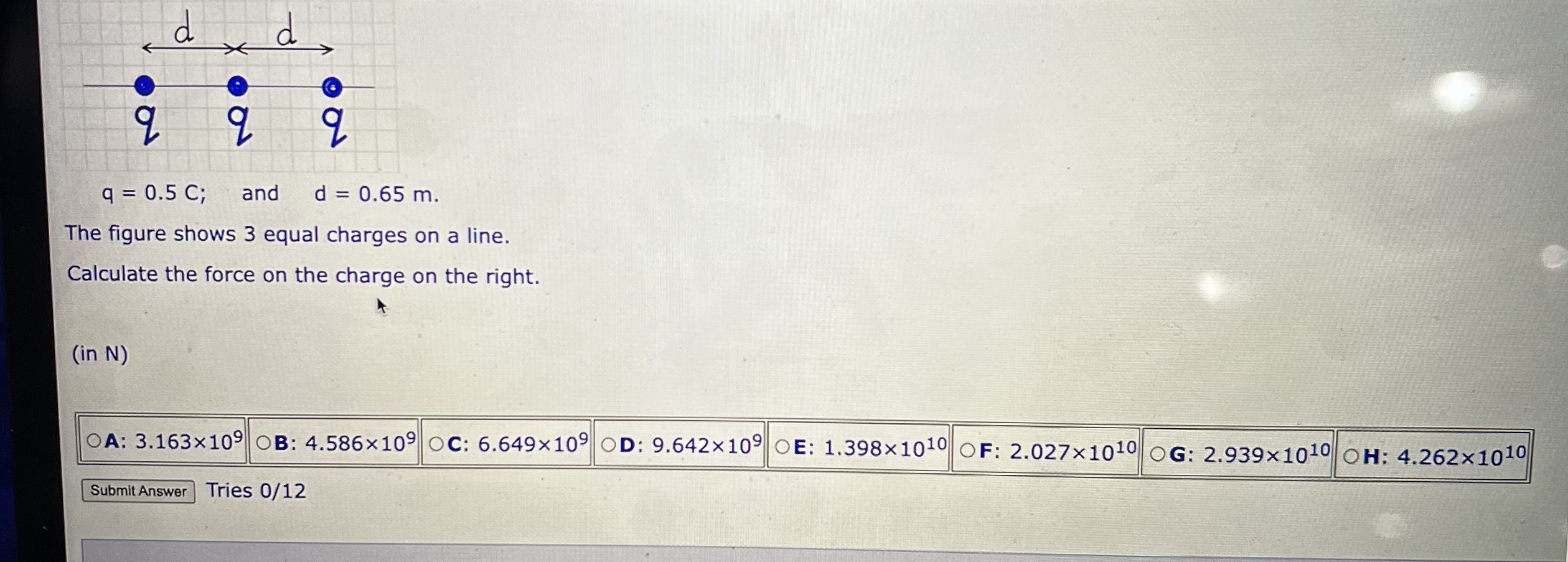 Solved q=0.5C; and d=0.65m.The figure shows 3 ﻿equal charges | Chegg.com