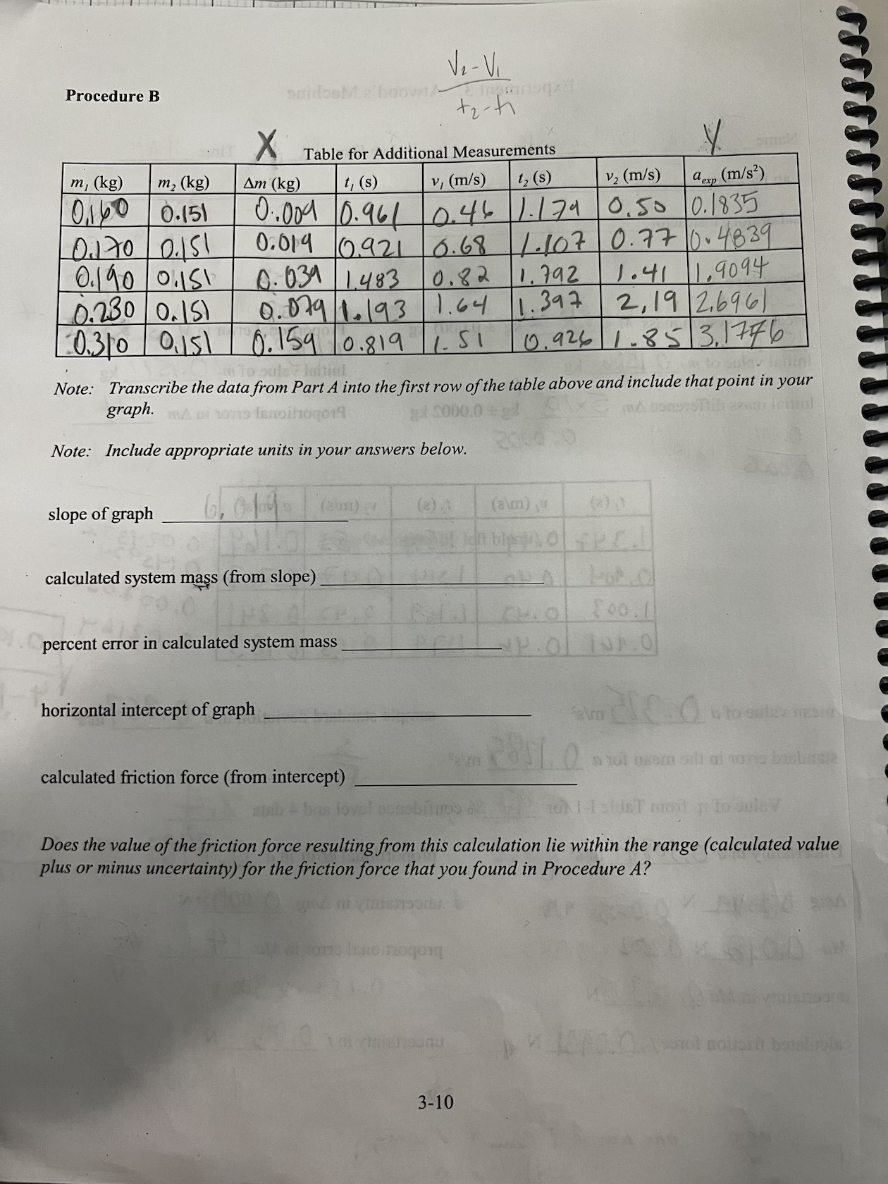 Procedure B t2−t1V2−V1 Tahla for Additinnal | Chegg.com