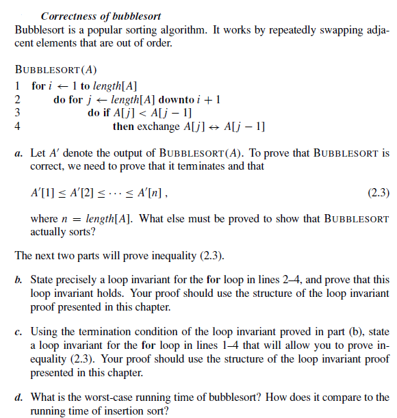 Correctness of bubblesort Bubblesort is a popular | Chegg.com