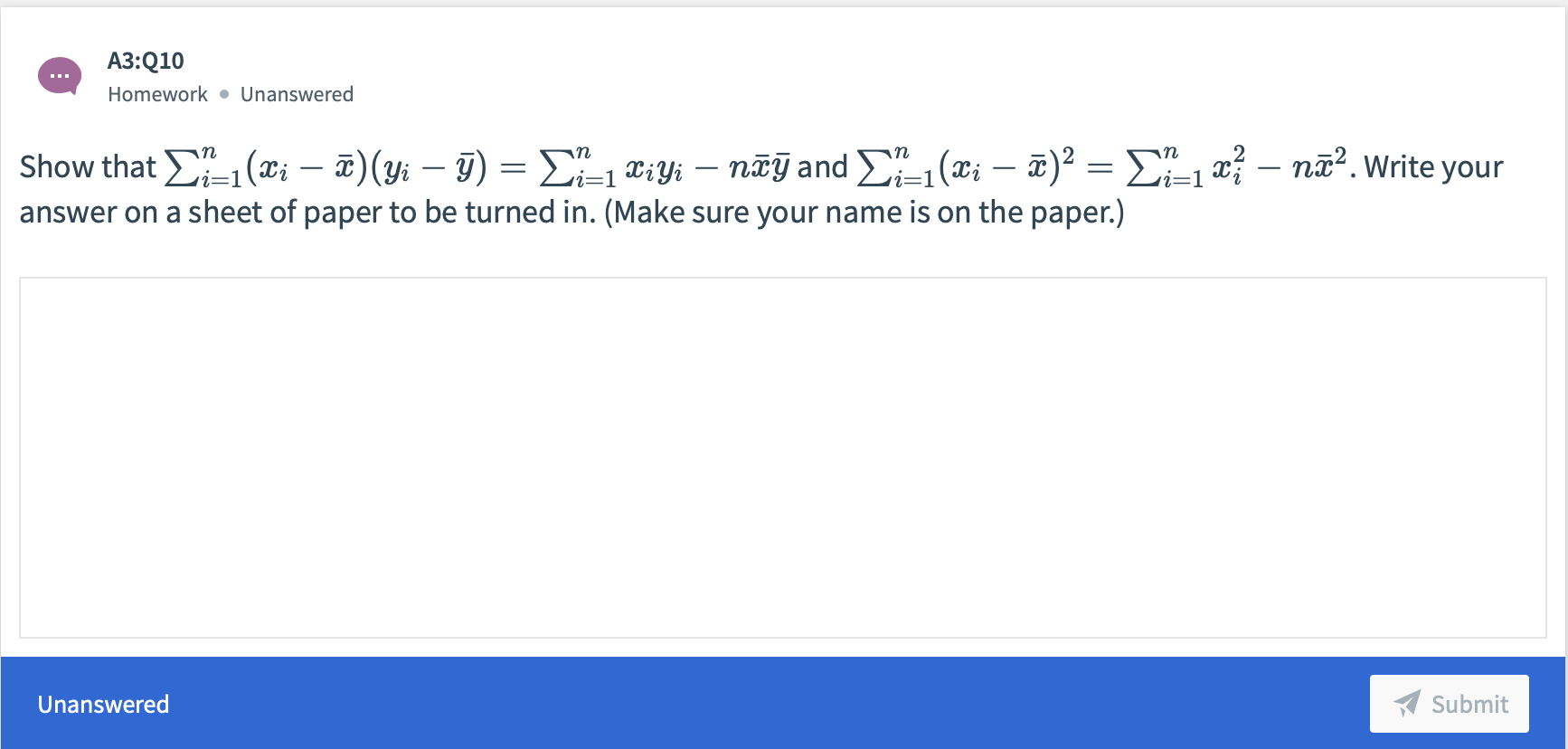 Solved A3:Q10 Homework • Unanswered Show that i=1(xi – )(Yi | Chegg.com