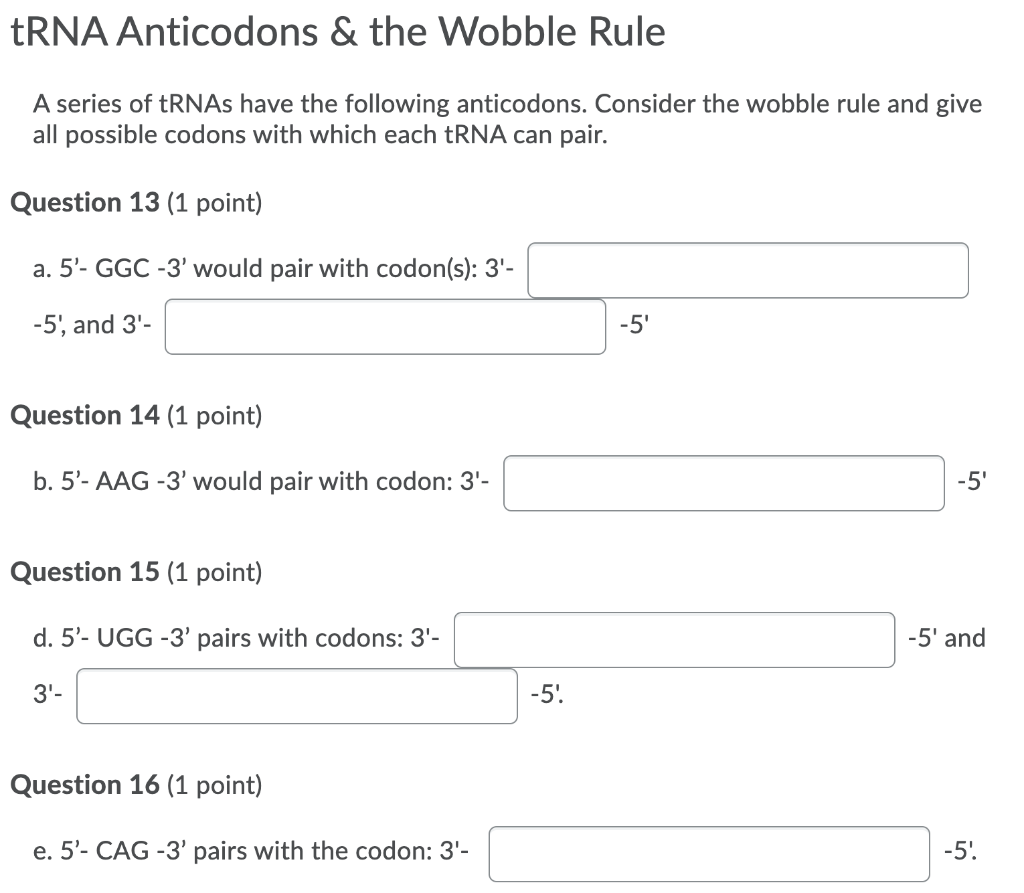 Solved tRNA Anticodons & the Wobble Rule A series of tRNAs | Chegg.com