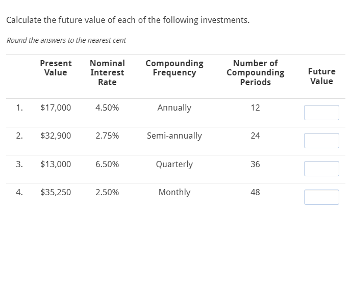 Solved Calculate the future value of each of the following | Chegg.com