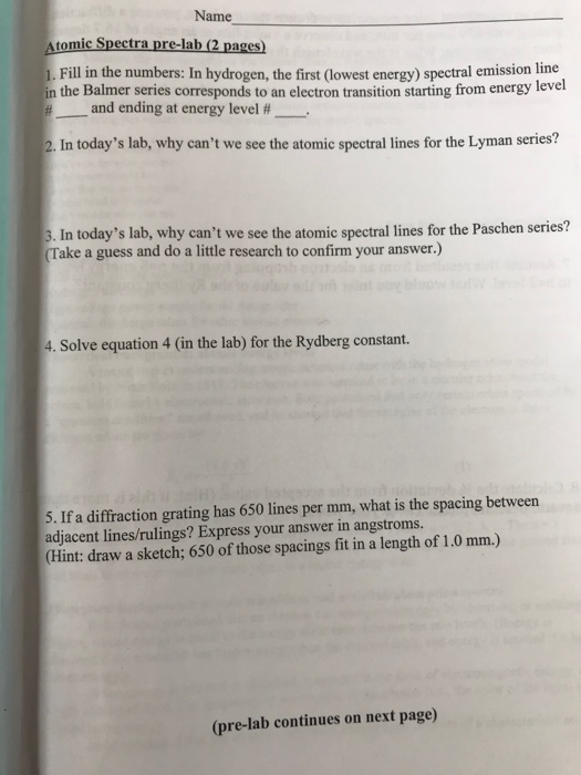 Solved Name Atomie Spectra pre-lab (2 pages) 1. Fill in the | Chegg.com
