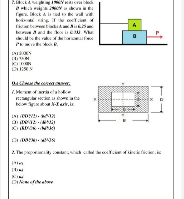 Solved 7. Block A weighting 1000N rests over block B which | Chegg.com