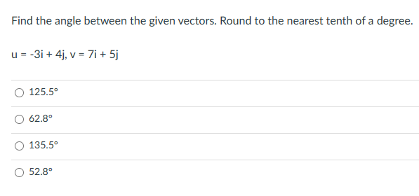 Solved Find the angle between the given vectors. Round to | Chegg.com